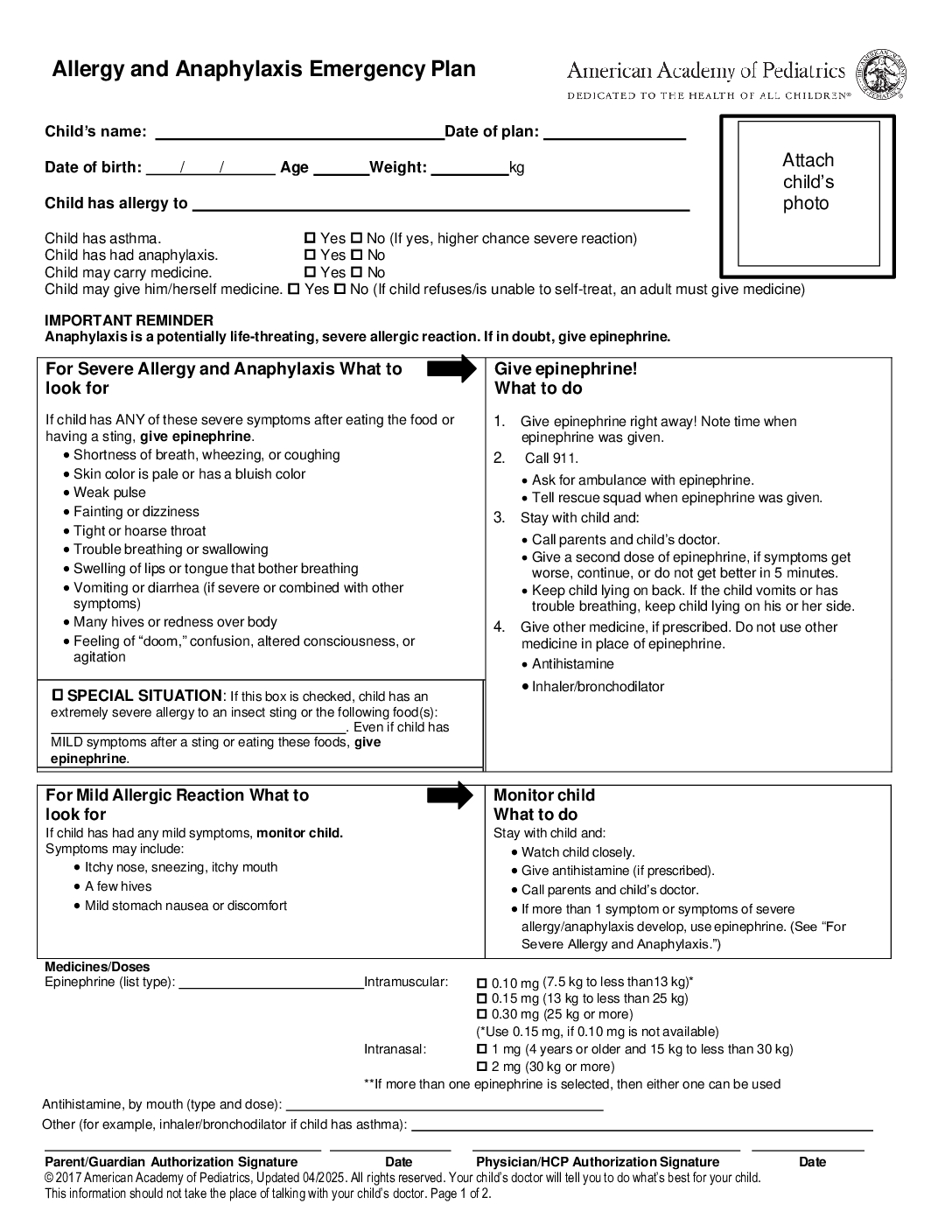 Allergy Anaphylaxis Emergency Plan - St. Pius X School