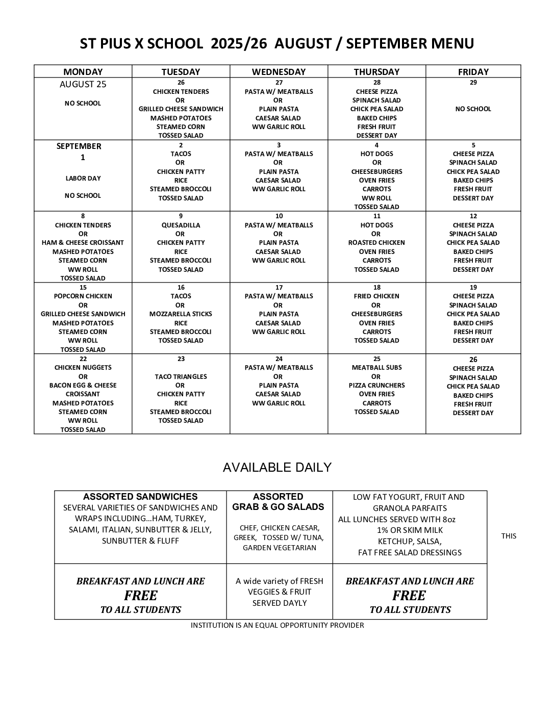 August/September Menu - St. Pius X School