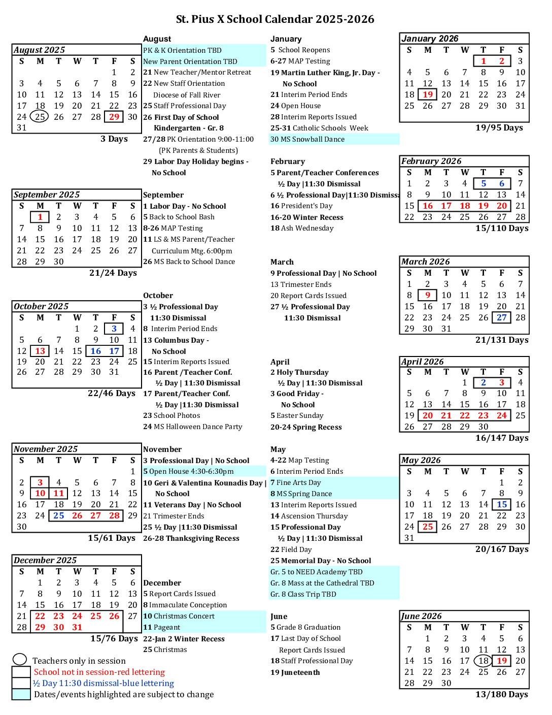 Calendar 2025-2026 - St. Pius X School