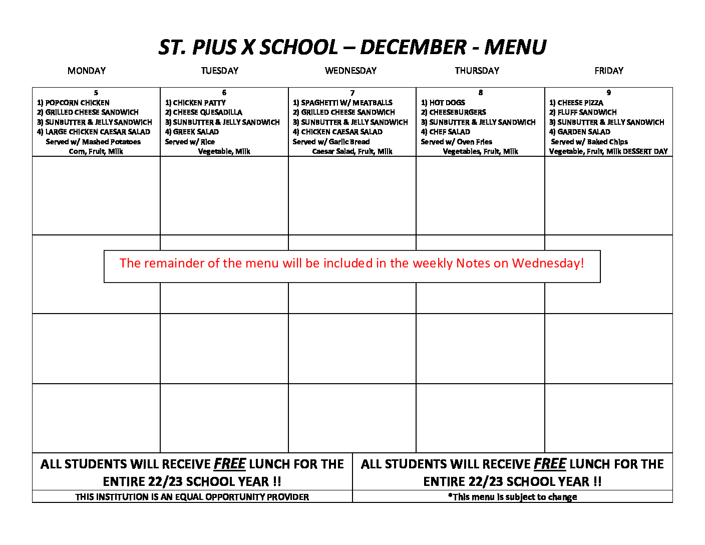 December Menu - St. Pius X School