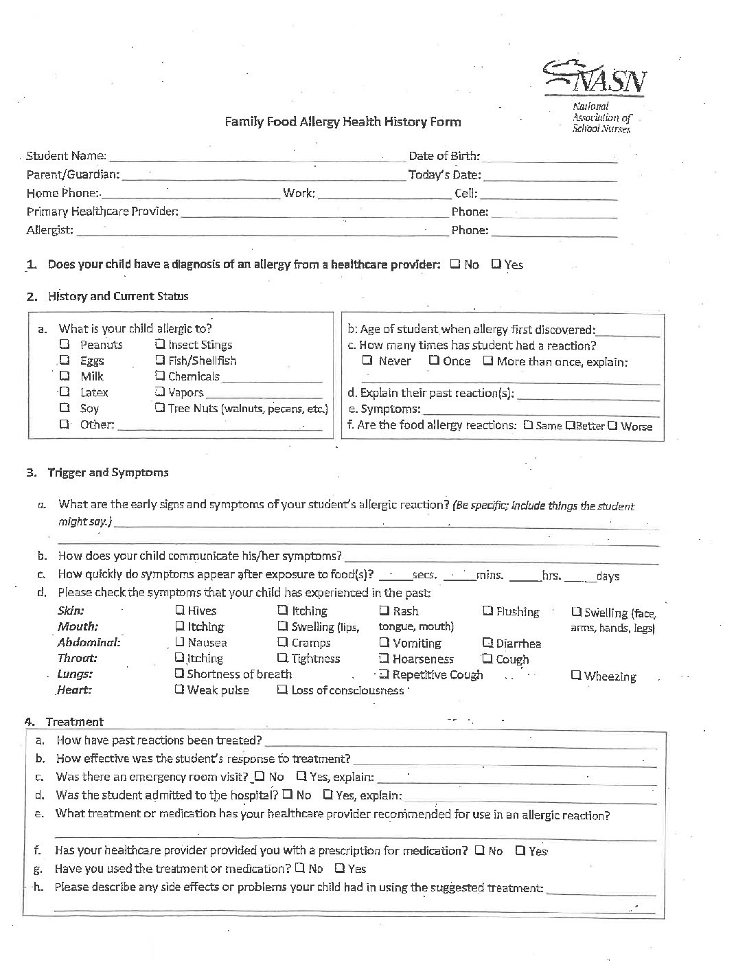 Family Food Allergy History - St. Pius X School