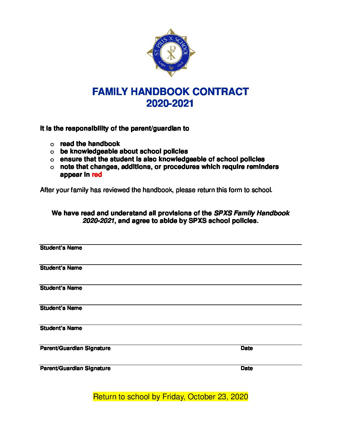Family Handbook Sign Off - St. Pius X School