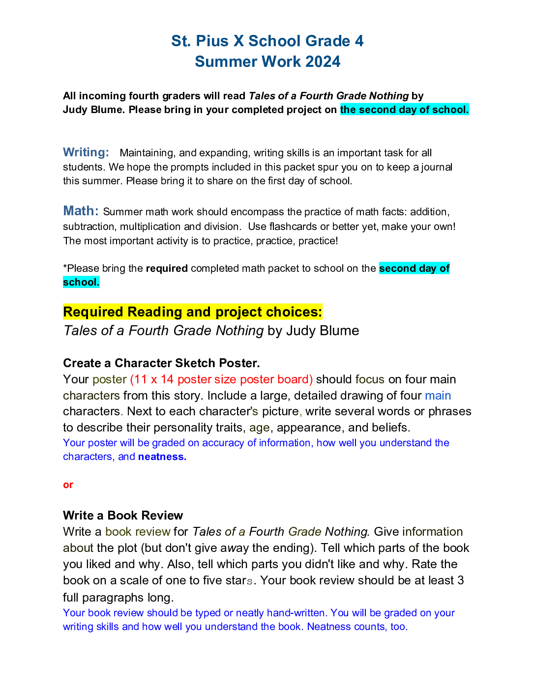 Gr. 4 Summer Packet - St. Pius X School