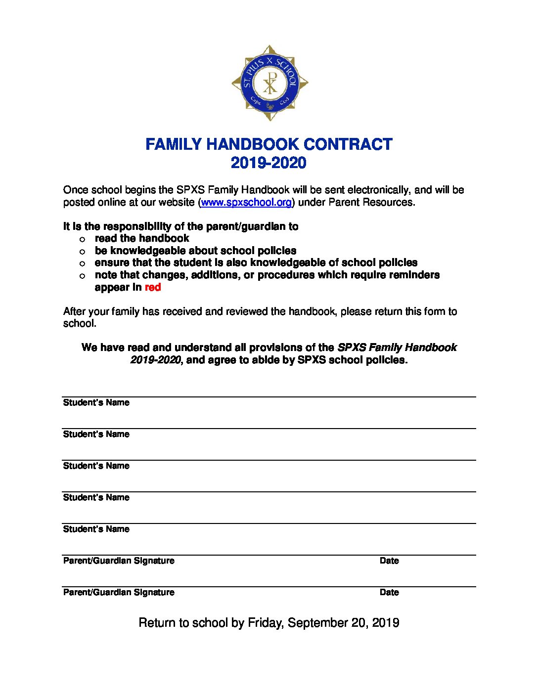 Family Handbook Sign Off - St. Pius X School