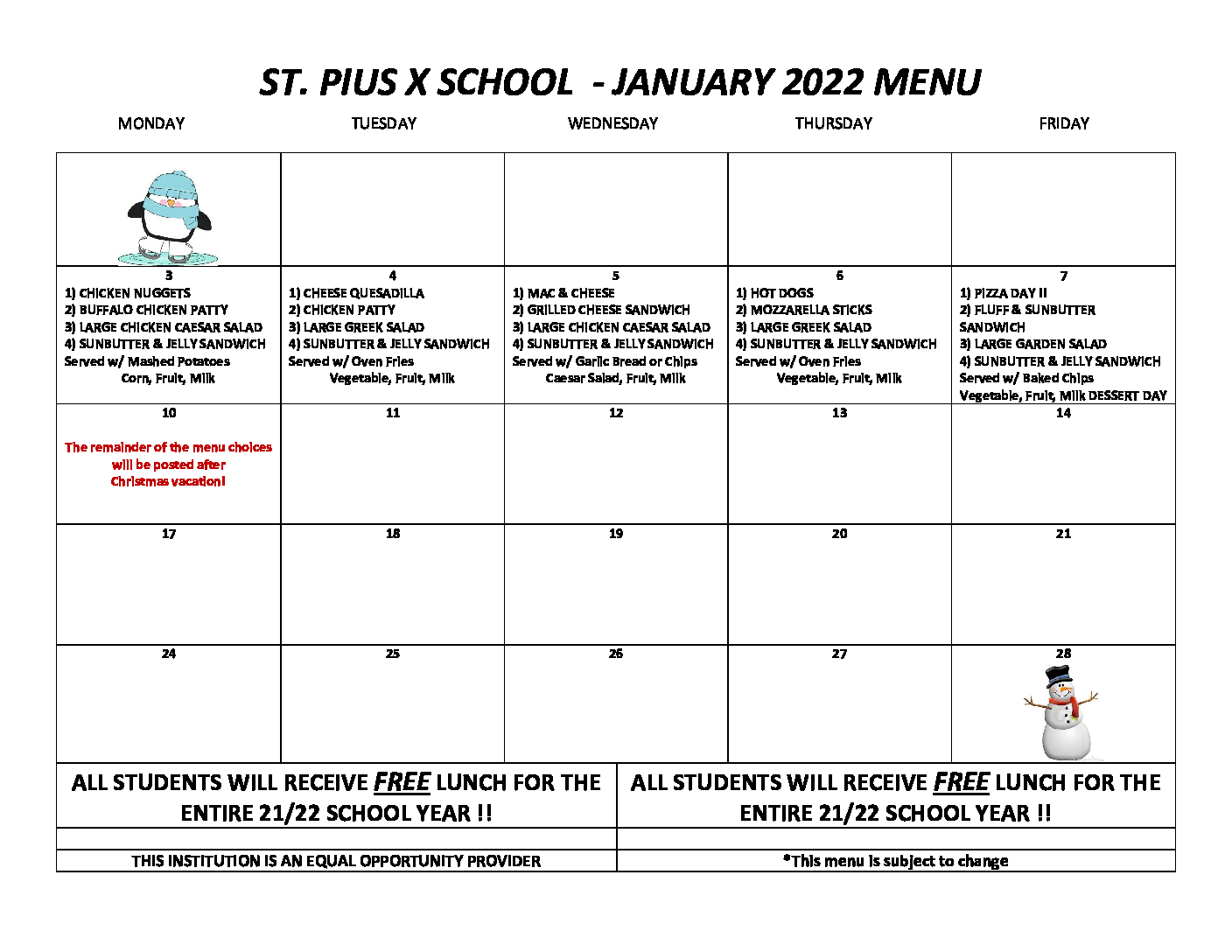 January Menu - St. Pius X School