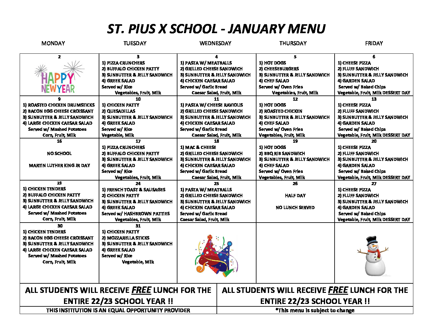 January Menu - St. Pius