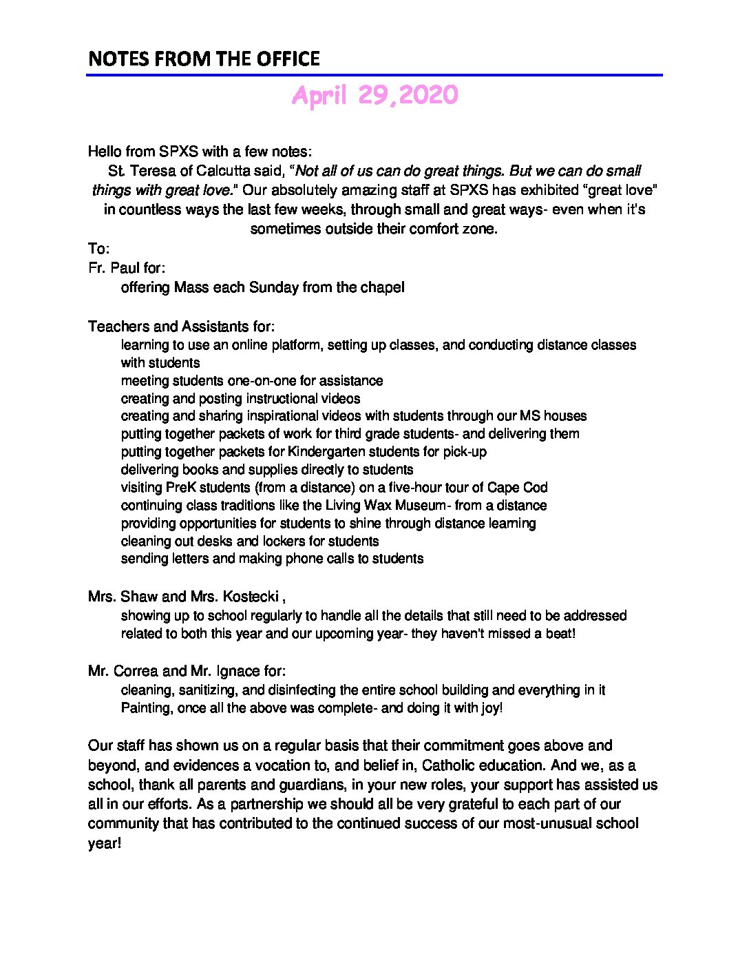 NOTES FROM THE OFFICE 04.29.2020 - St. Pius X School
