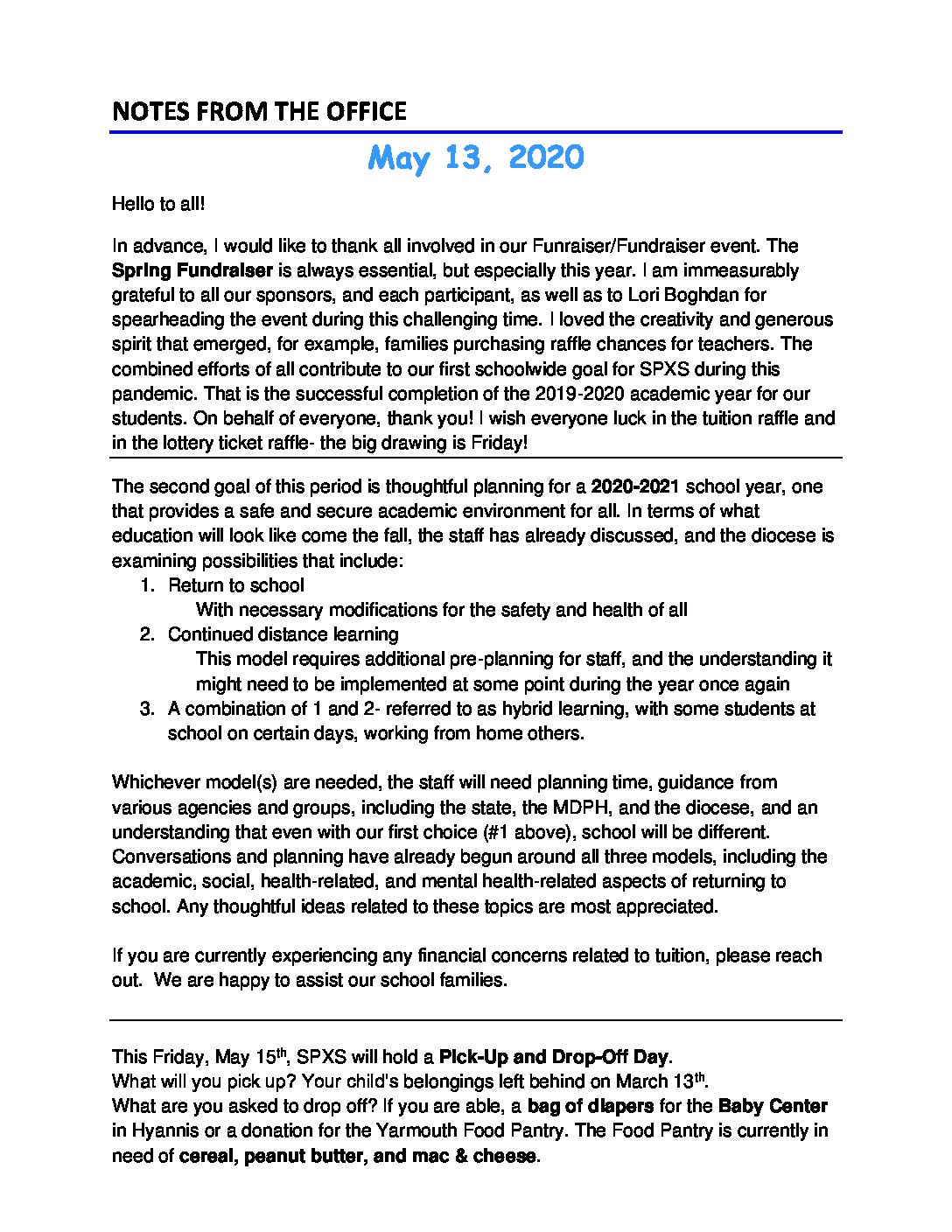 Notes from the Office 5.13.2020 - St. Pius X School