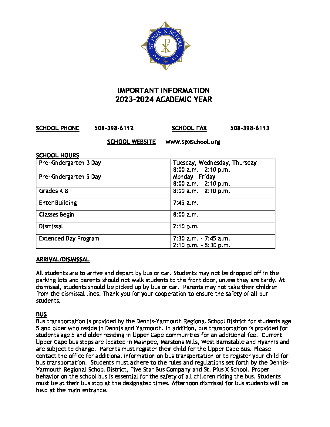 New Student Important Information 2023-2024 - St. Pius X School