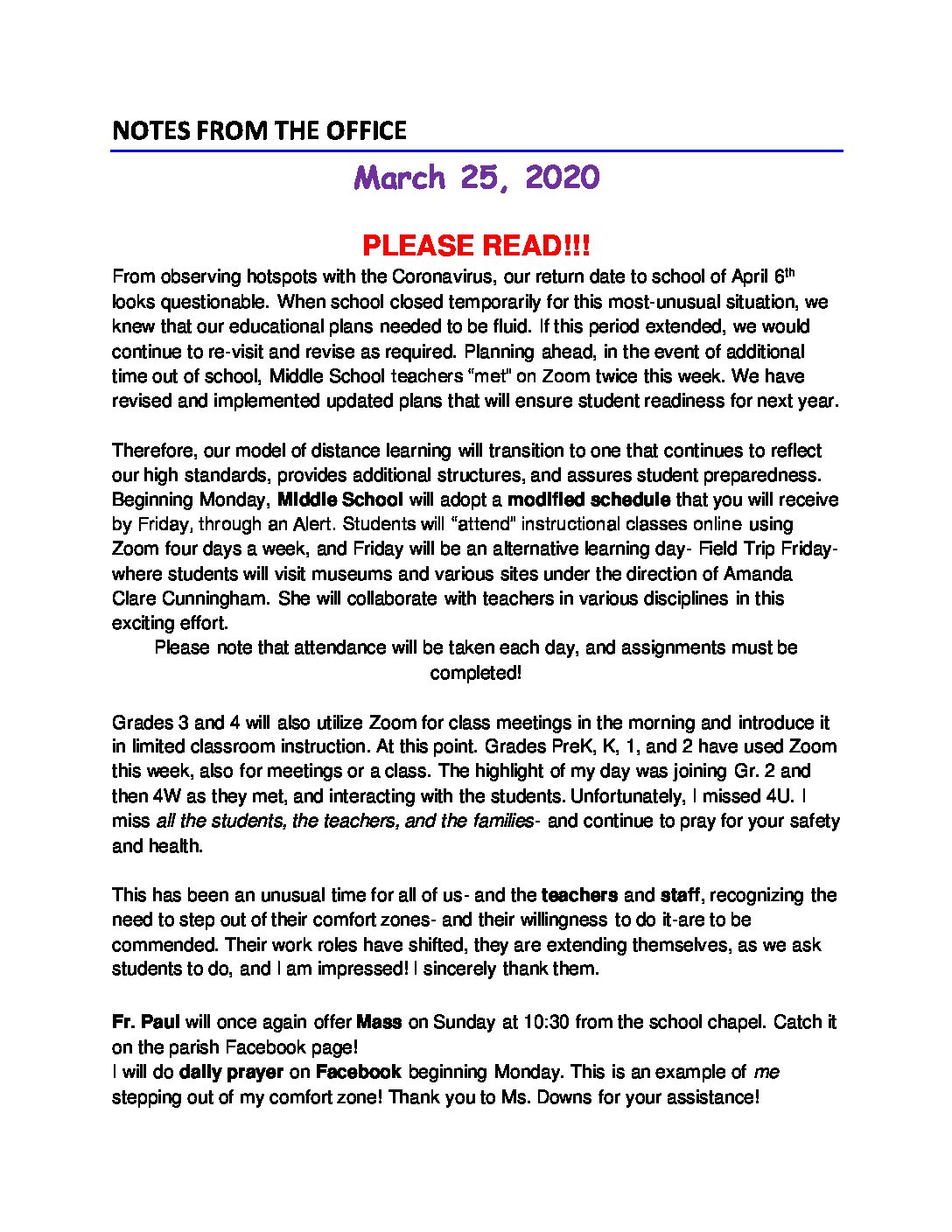 Notes from the Office 3.25.2020 - St. Pius X School