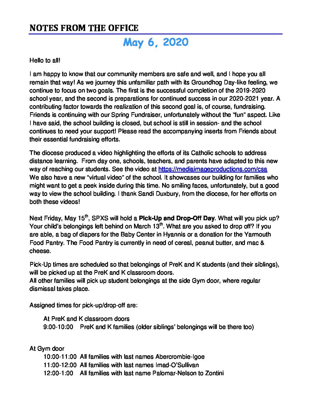 Notes from the Office 5.06.2020 - St. Pius X School