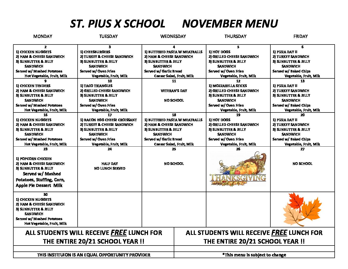 November Menu - St. Pius X School