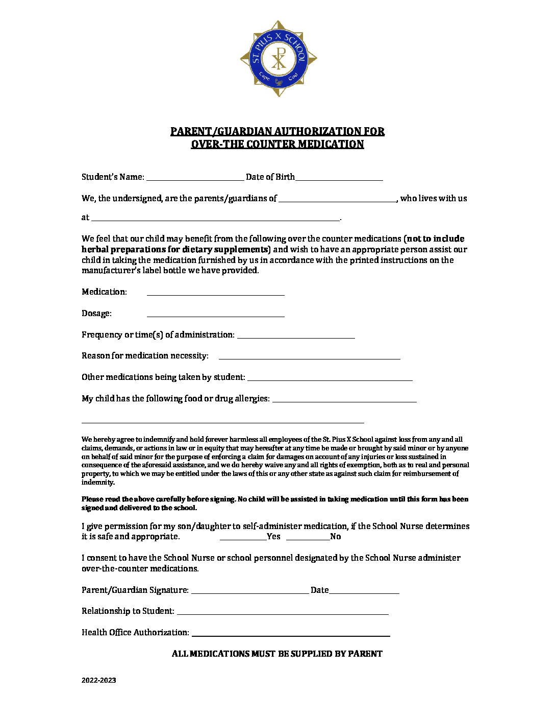 OTC medication authorization - St. Pius X School