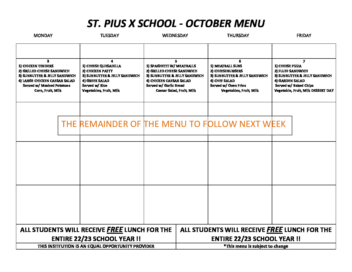 October Menu - St. Pius X School