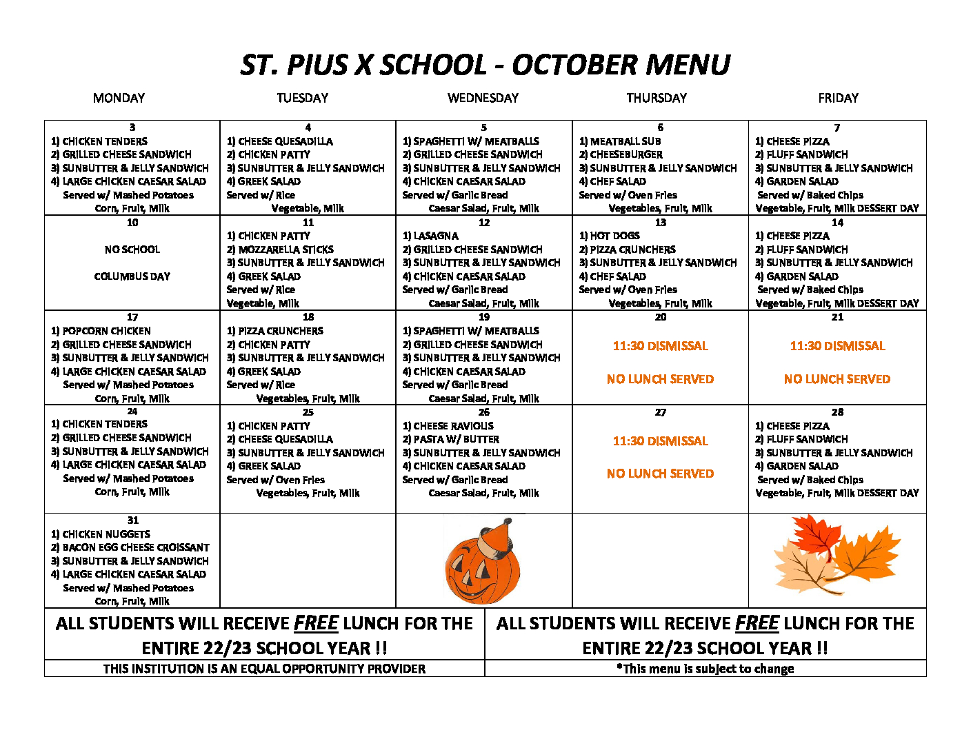 October Menu - St. Pius X School