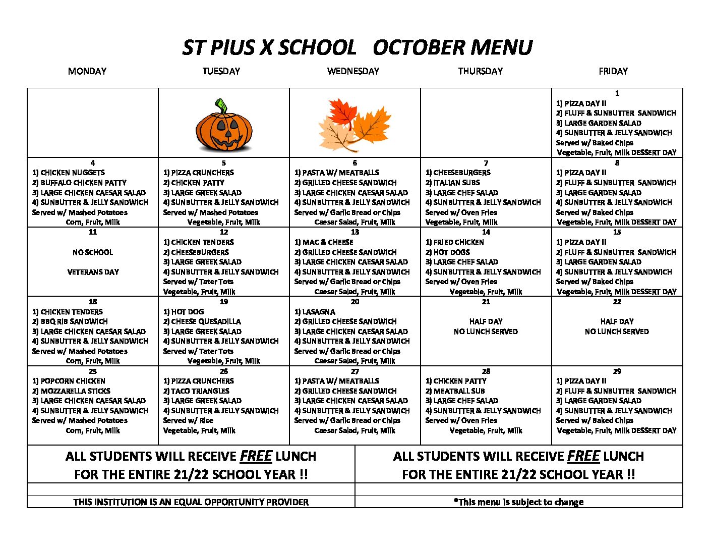 October Menu - St. Pius X School