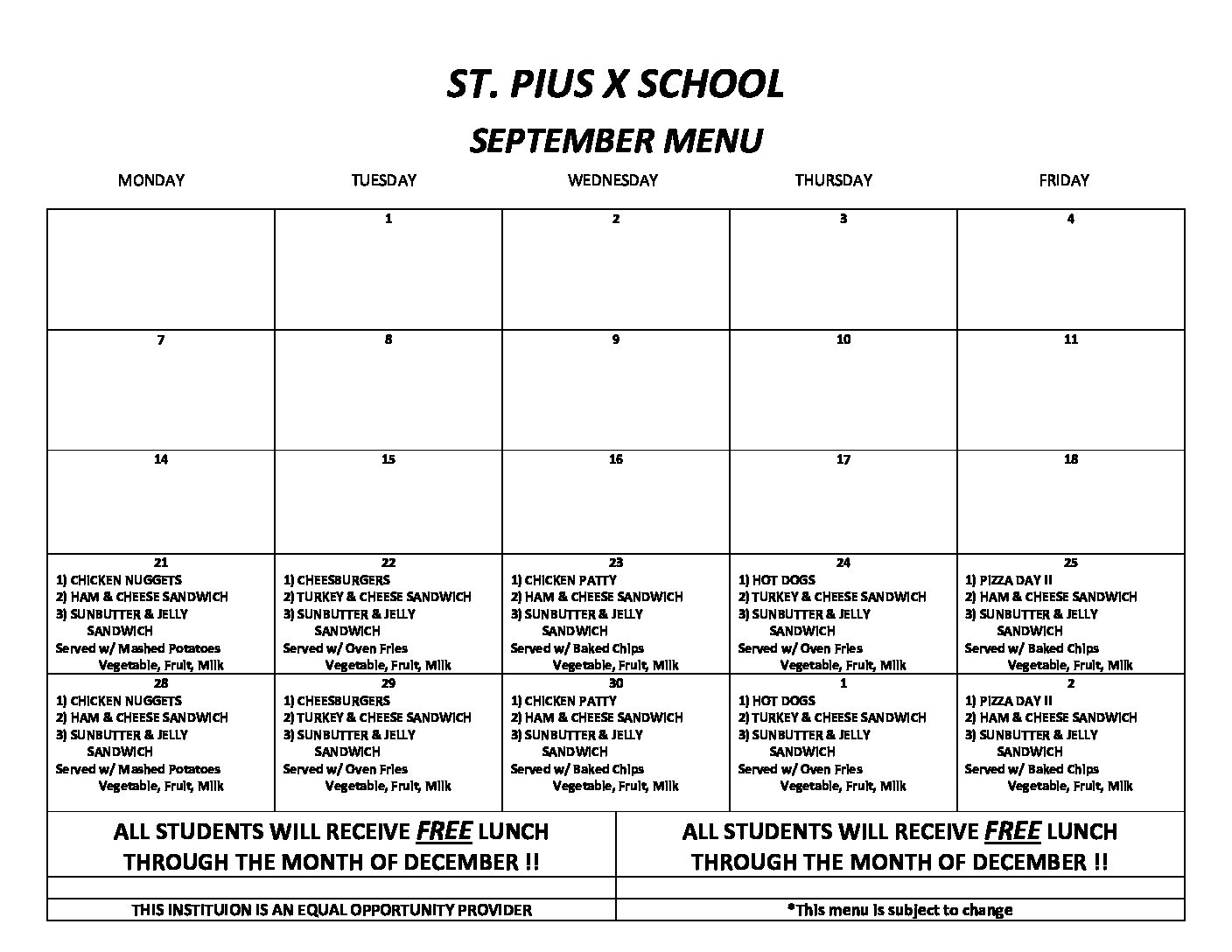 September Menu - St. Pius X School
