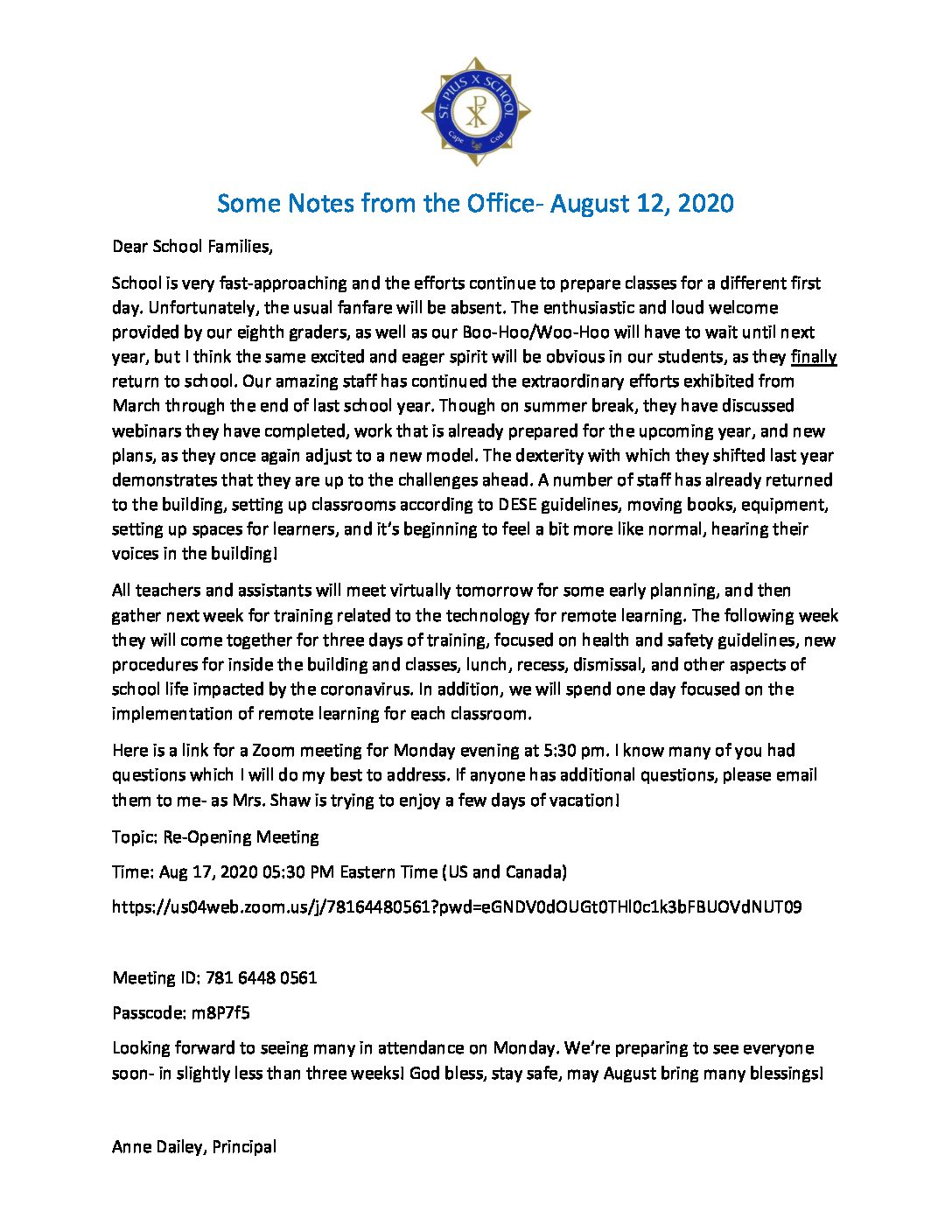 Notes from the Office 8.12.2020 - St. Pius X School