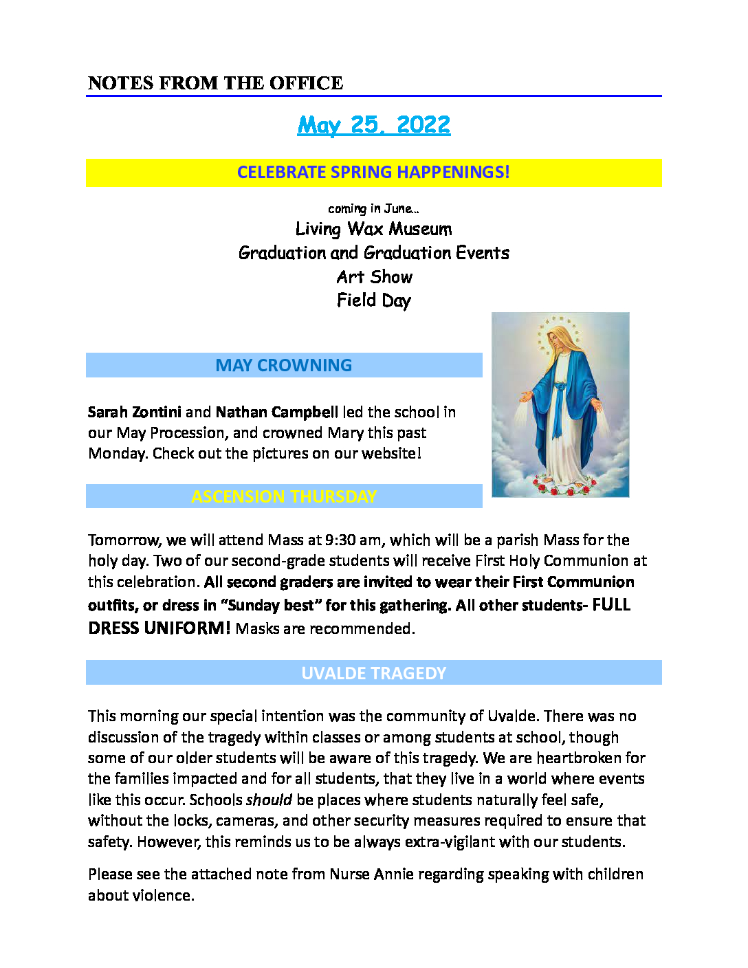 Notes from the Office 5.25.2022 - St. Pius X School